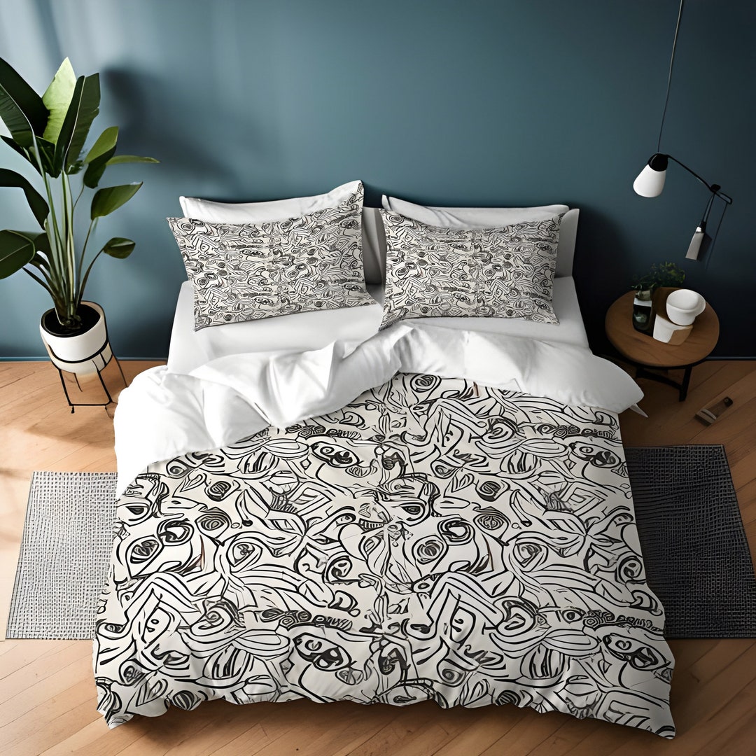 Abstract Squiggle Line Art Comforter or Duvet Cover: Black and White ...