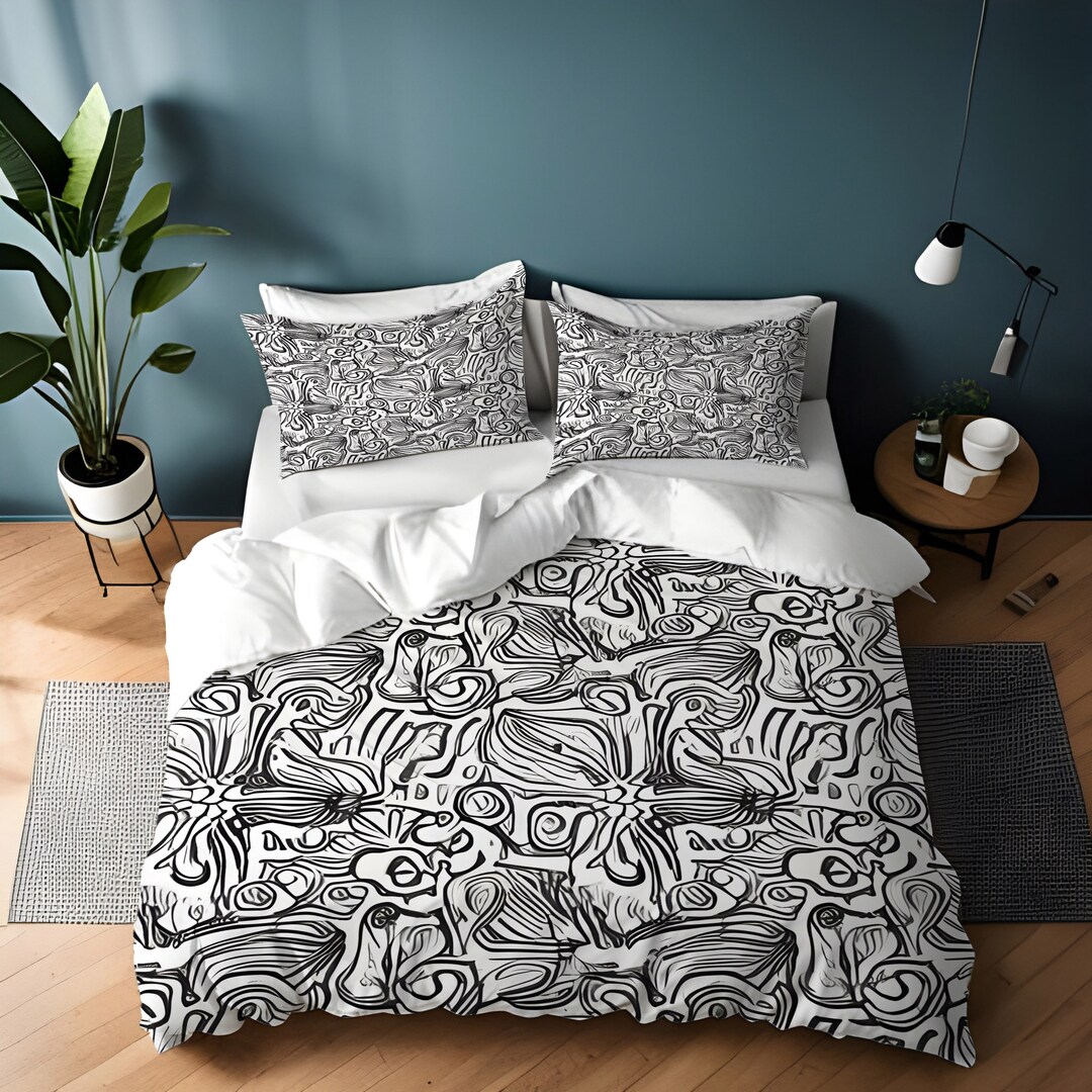 Abstract Line Art Comforter: Black and White Swirls Bedding - Etsy