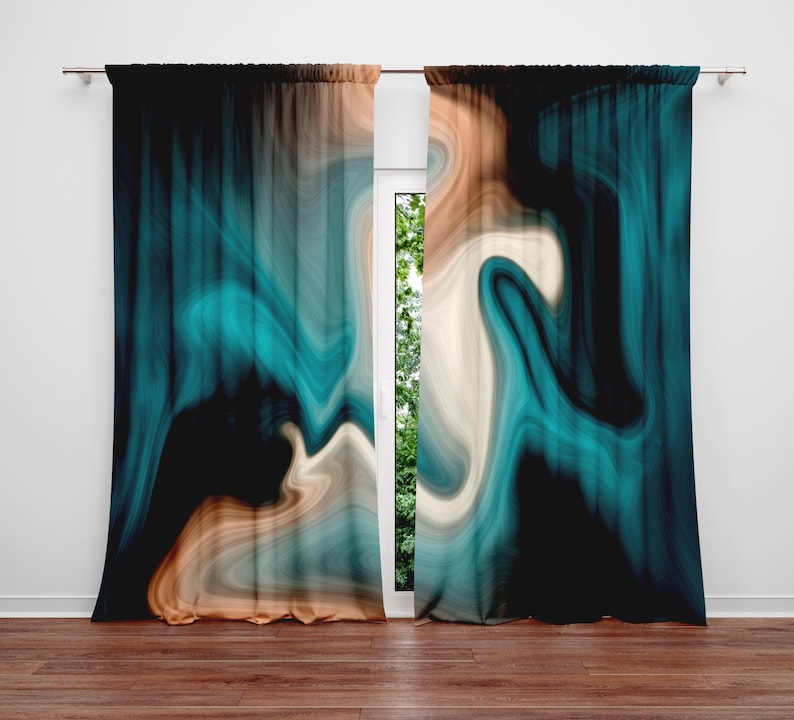Teal Black and Tan Swirl Window Curtains Long Panel Sheer - Etsy