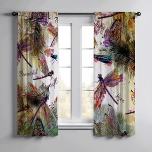 Boho Watercolor Dragonfly Window Curtain Panels | Long Panel Lined and ...