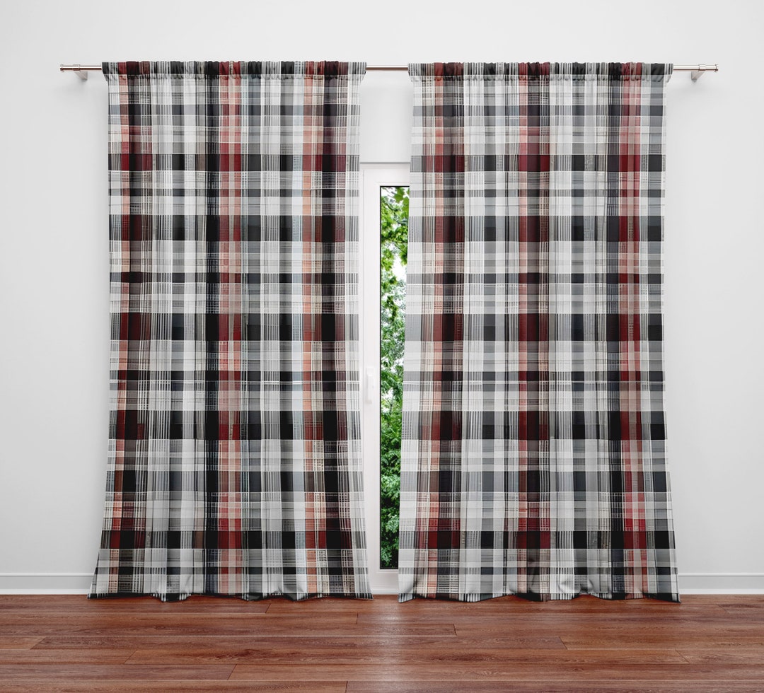 Checkered Pattern Window Curtains - Red, Gray and Black Classic Cozy ...