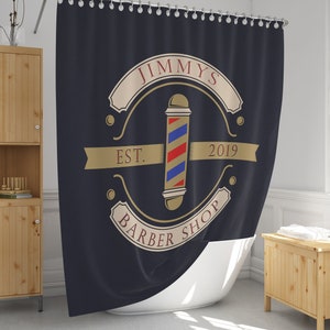 Personalized Sleek Barber Shop Logo Shower Curtain With Optional ...