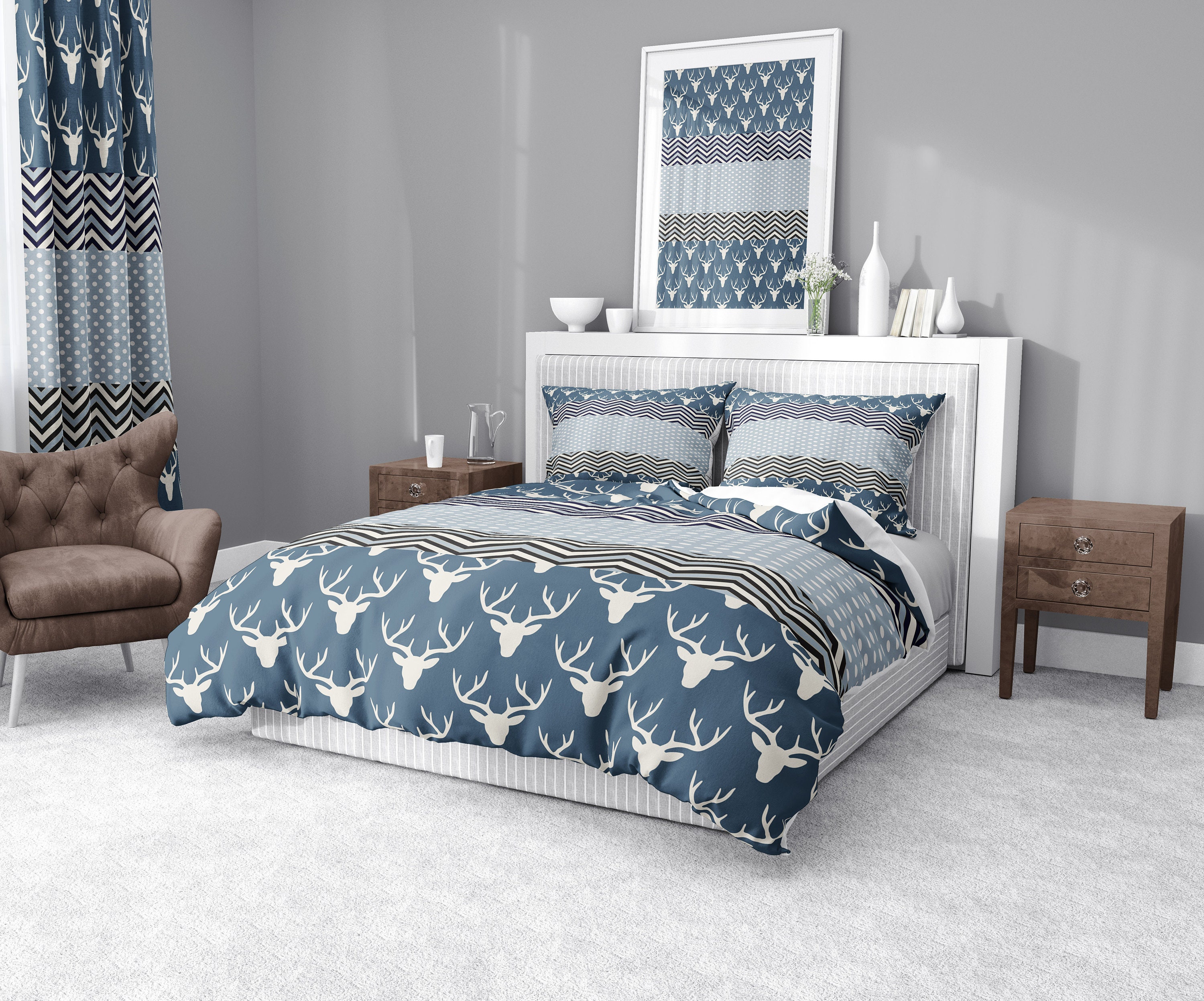 Blue Rustic Bedding With Deer and Chevrons Comforter or | Etsy