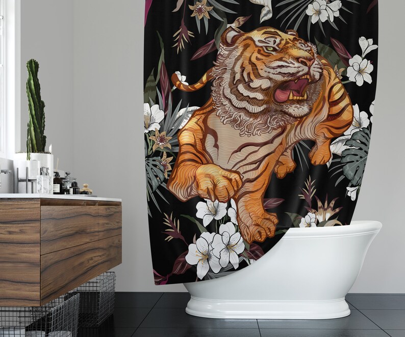 Black Floral Tiger Shower Curtain - Etsy