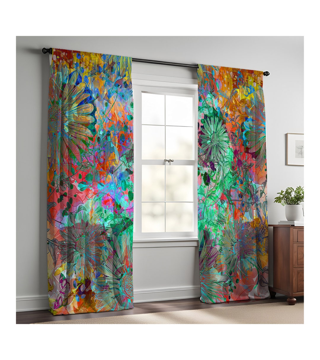 Multi Color Abstract Floral Print Window Curtains - Etsy