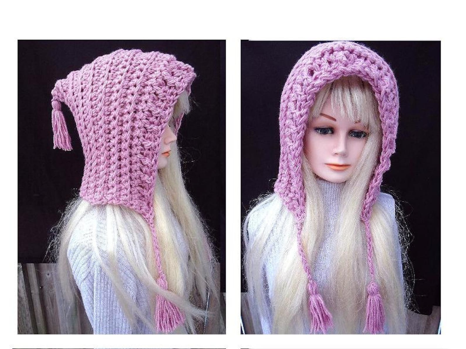 CROCHET PATTERN, Hat, Pink Pixie Hood With Tassels, Easy Beginner Level ...
