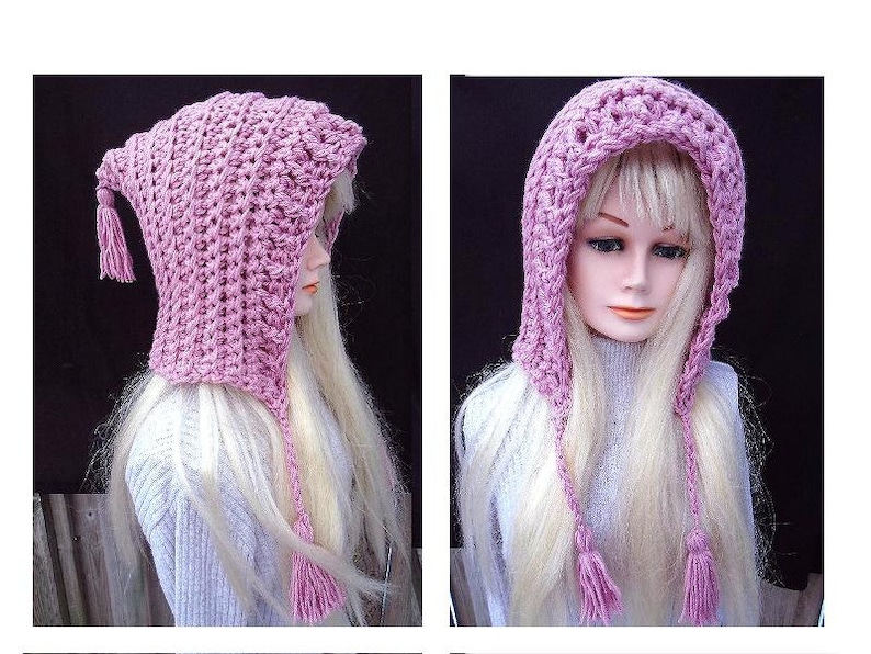 CROCHET PATTERN, Hat, Pink Pixie Hood With Tassels, Easy Beginner Level, Age 5 to Adult Patt ...