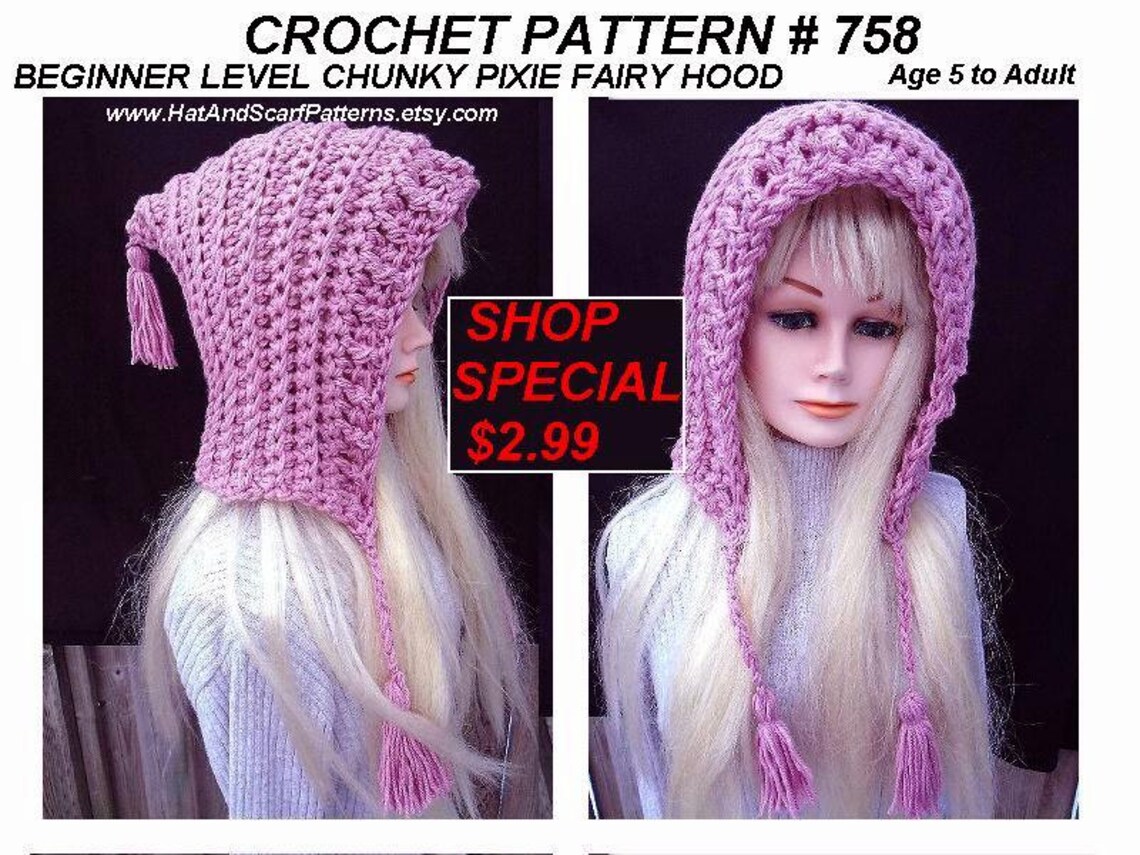 CROCHET PATTERN, Hat, Pink Pixie Hood With Tassels, Easy Beginner Level ...