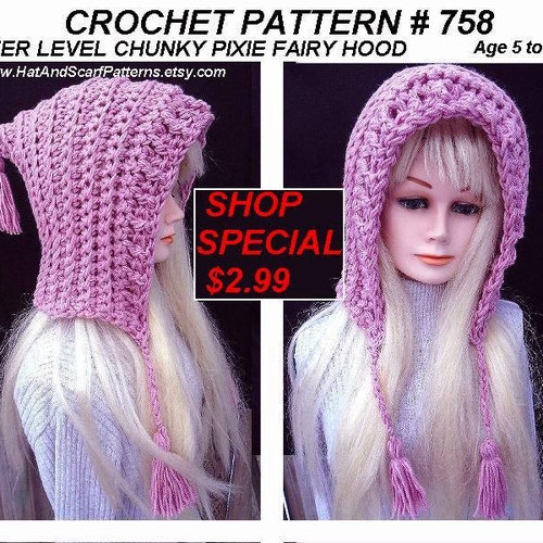 CROCHET PATTERN Hat Pink Pixie Hood With Tassels Easy | Etsy