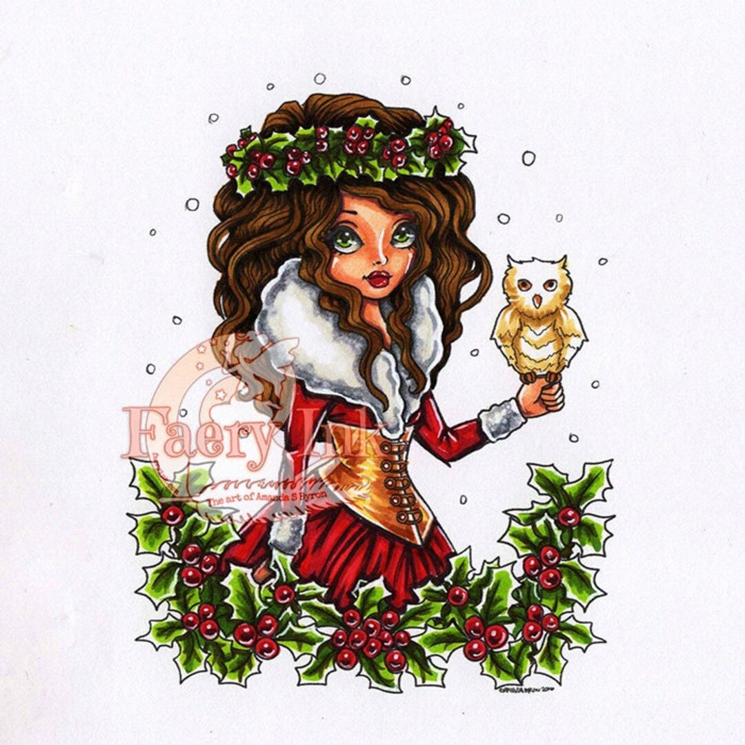 Holly Queen Christmas Yule Winter Solstice Owl UNCOLORED - Etsy
