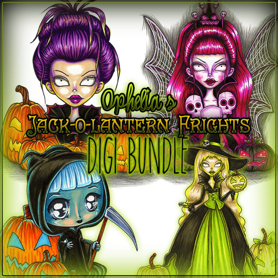 Jack-o-lantern Frights 4 Digis BUNDLE UNCOLORED Digital Stamp Coloring ...