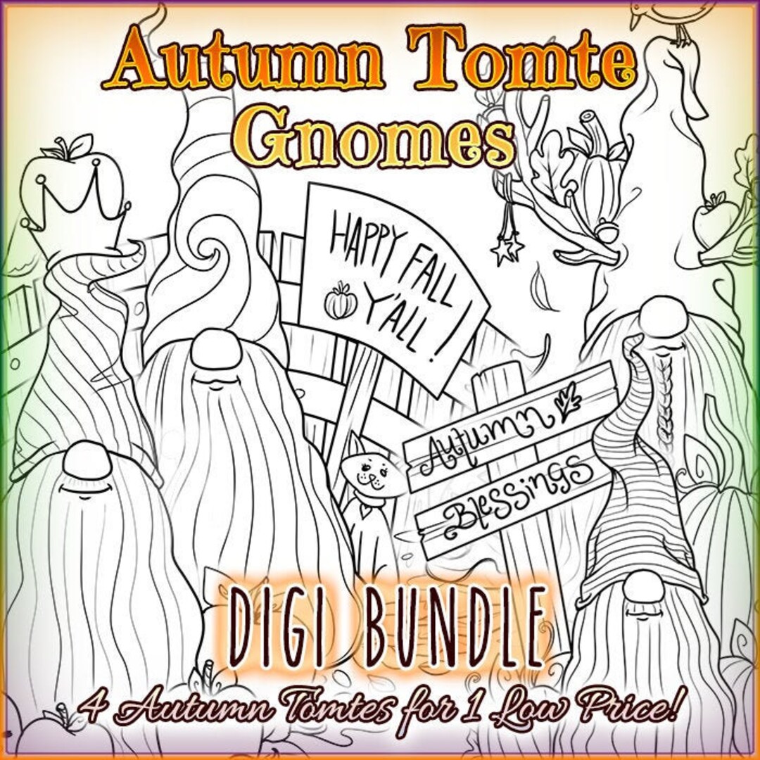 Autumn Tomte Gnomes 4 Digis BUNDLE UNCOLORED Digital Stamp Coloring ...