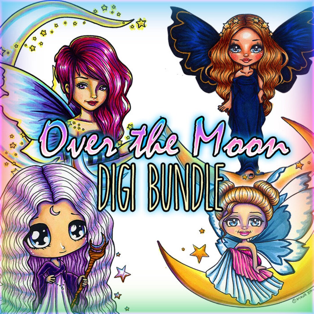 Over the Moon Fairy Faeries Fae Chibis 4 Digis BUNDLE UNCOLORED Digital ...