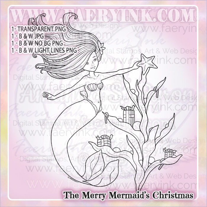 Christmas Under the Sea Mermaids Xmas 4 Digis BUNDLE UNCOLORED Digital ...