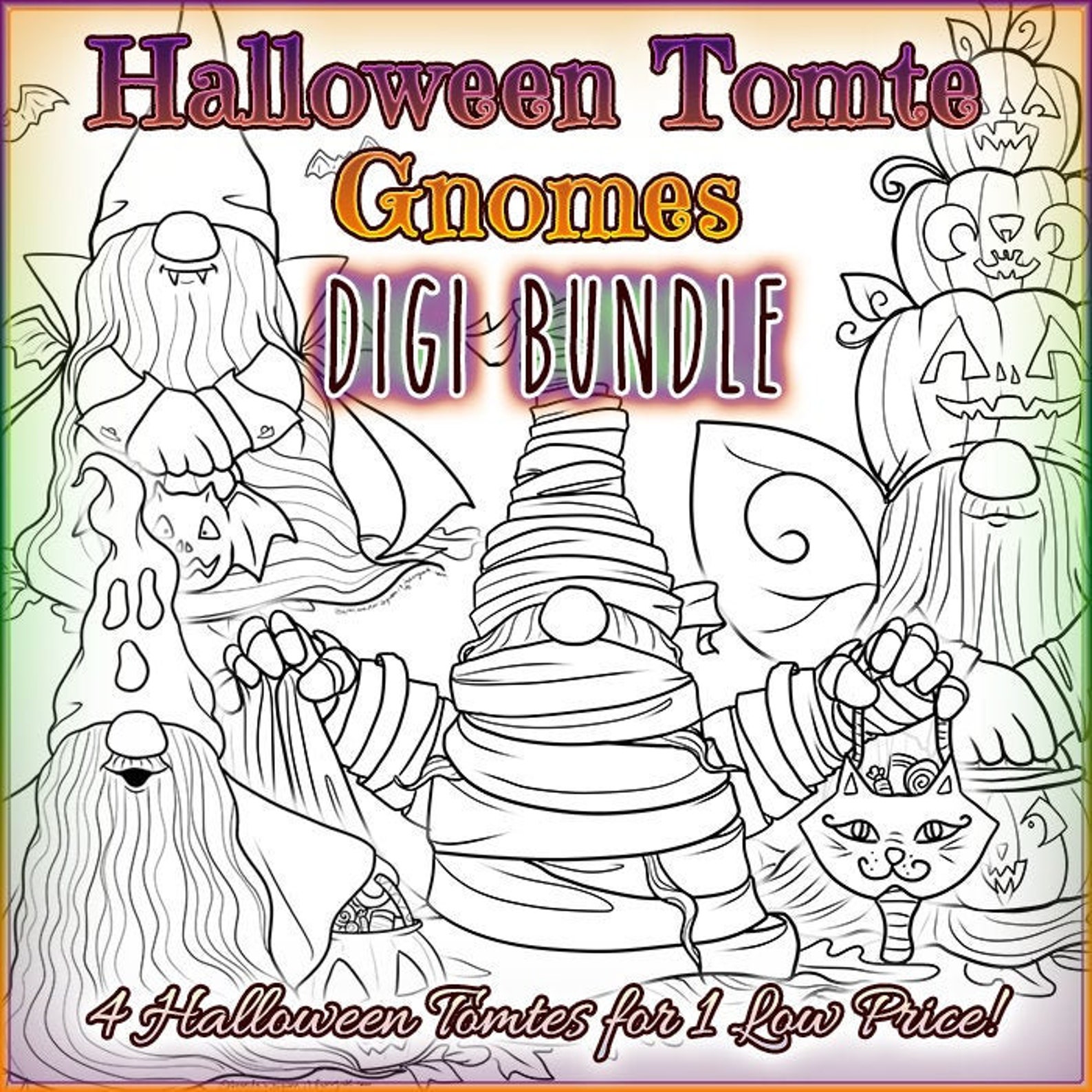 Halloween Tomte Gnomes 4 Digis BUNDLE UNCOLORED Digital Stamp | Etsy
