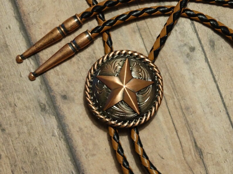 Copper Finish Rope Edge Star Bolo Tie Black and Brown Leather Cord ...