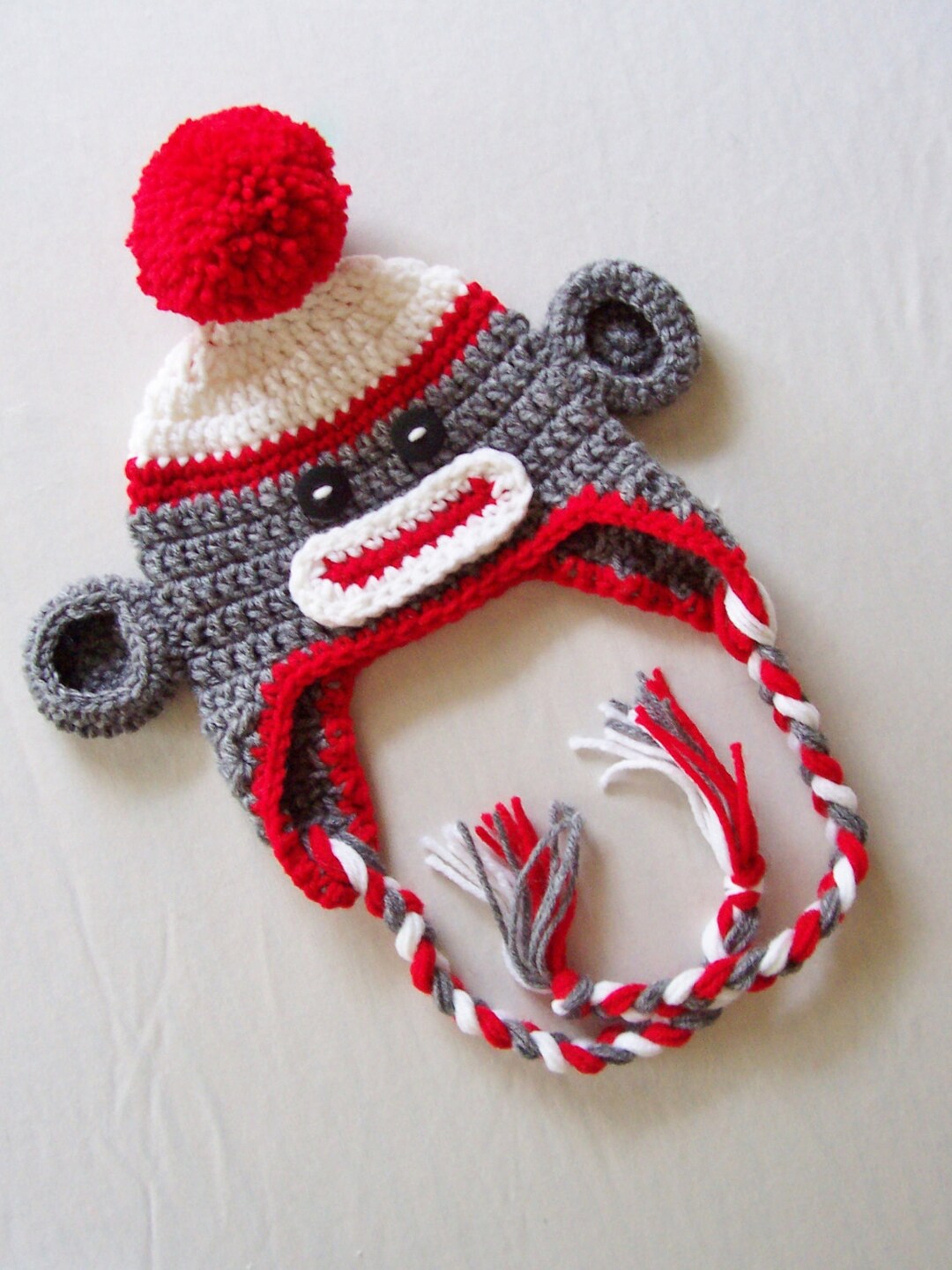 Baby Grey Sock Monkey Laplander Hat - 0 to 3 Months, 3 to 6 Months, 6 ...