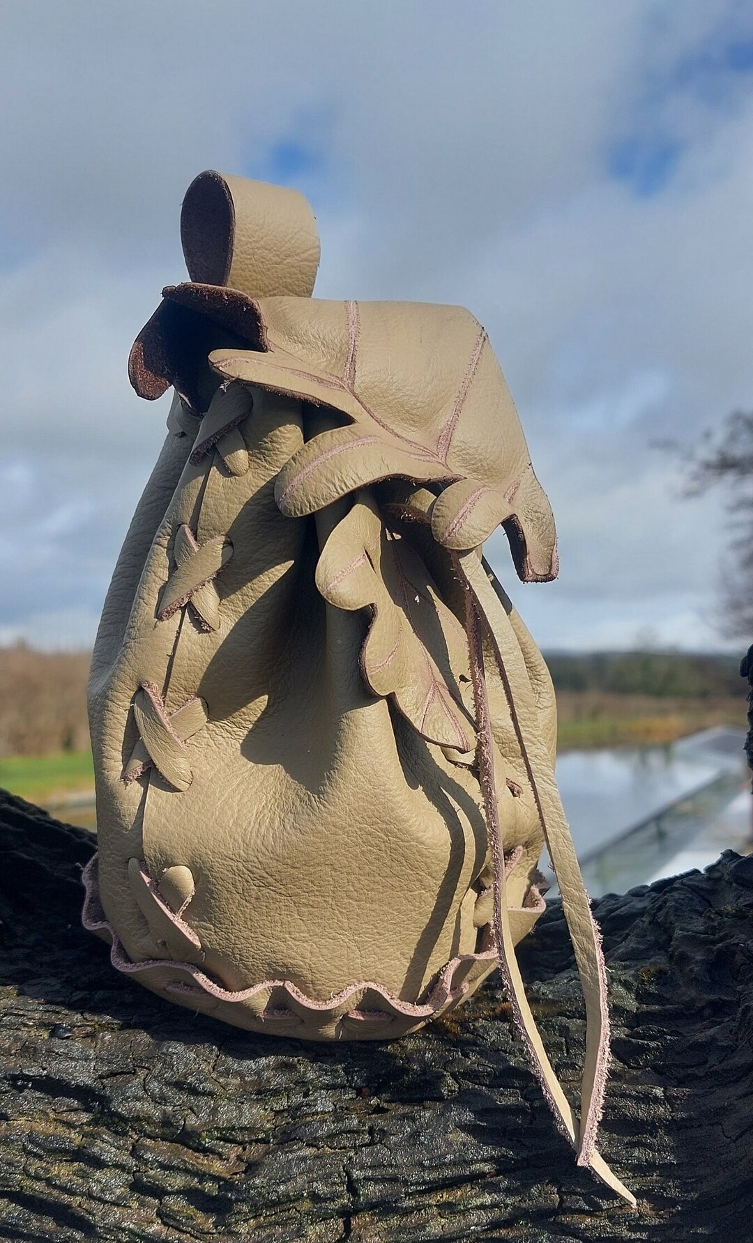 Oak Leaf, Leather, Bucket Bag, Drawstring, Belt Pouch, Soft, Beige ...
