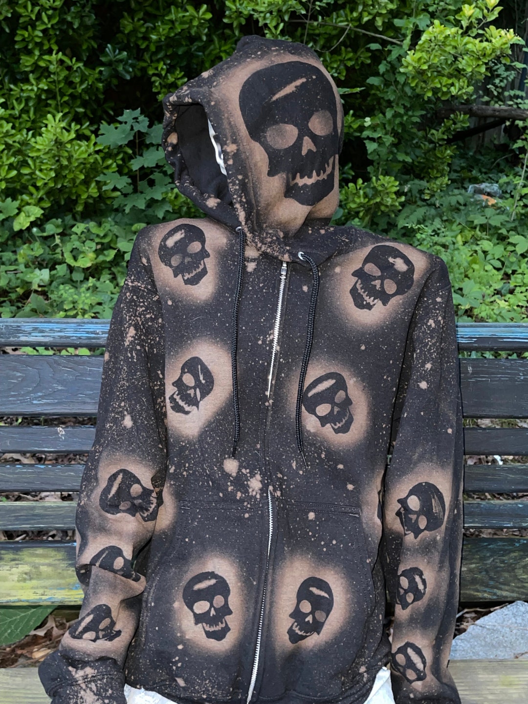 Bleached Skeleton Zip up Hoodie / Halloween Hoodie / Black Bleached ...