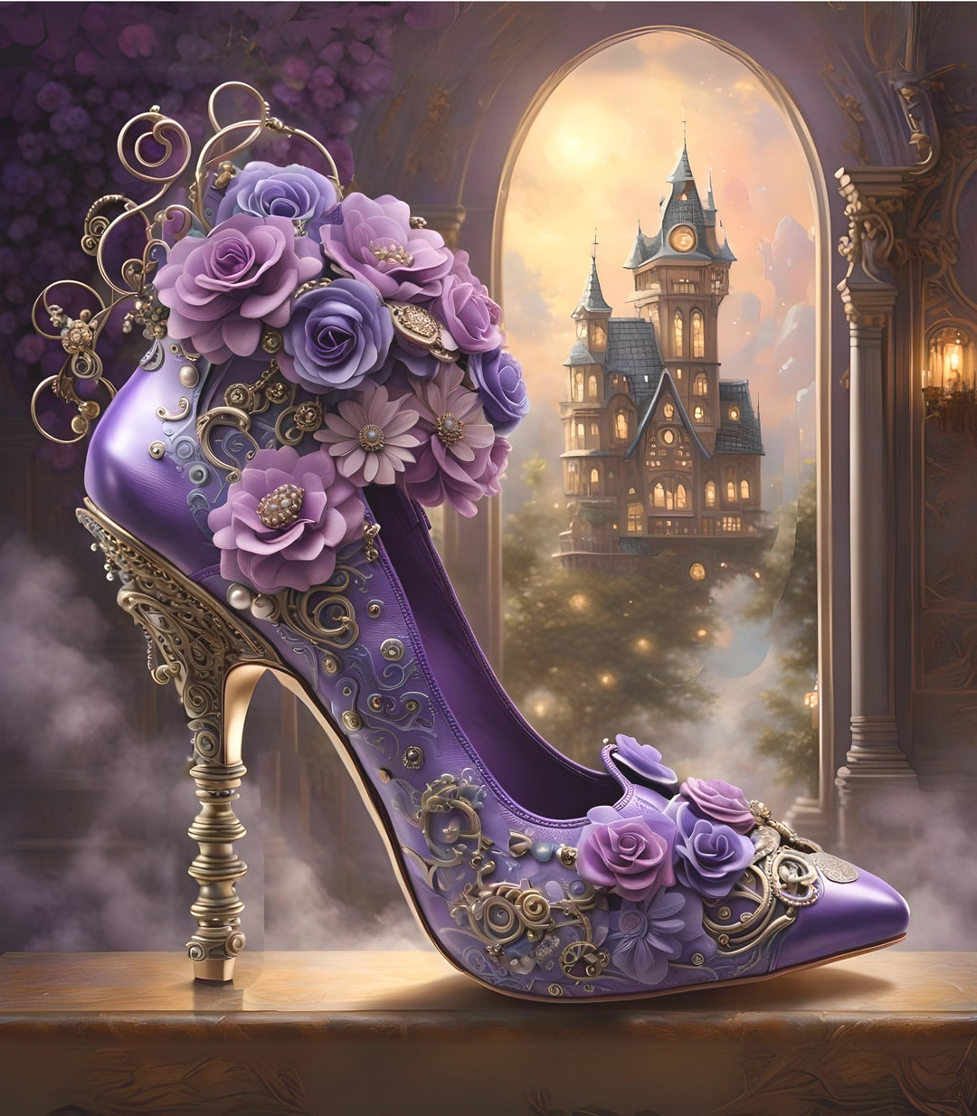 Art Print on Paper, High Heel With Lilac and Purple Flowers , Steampunk ...