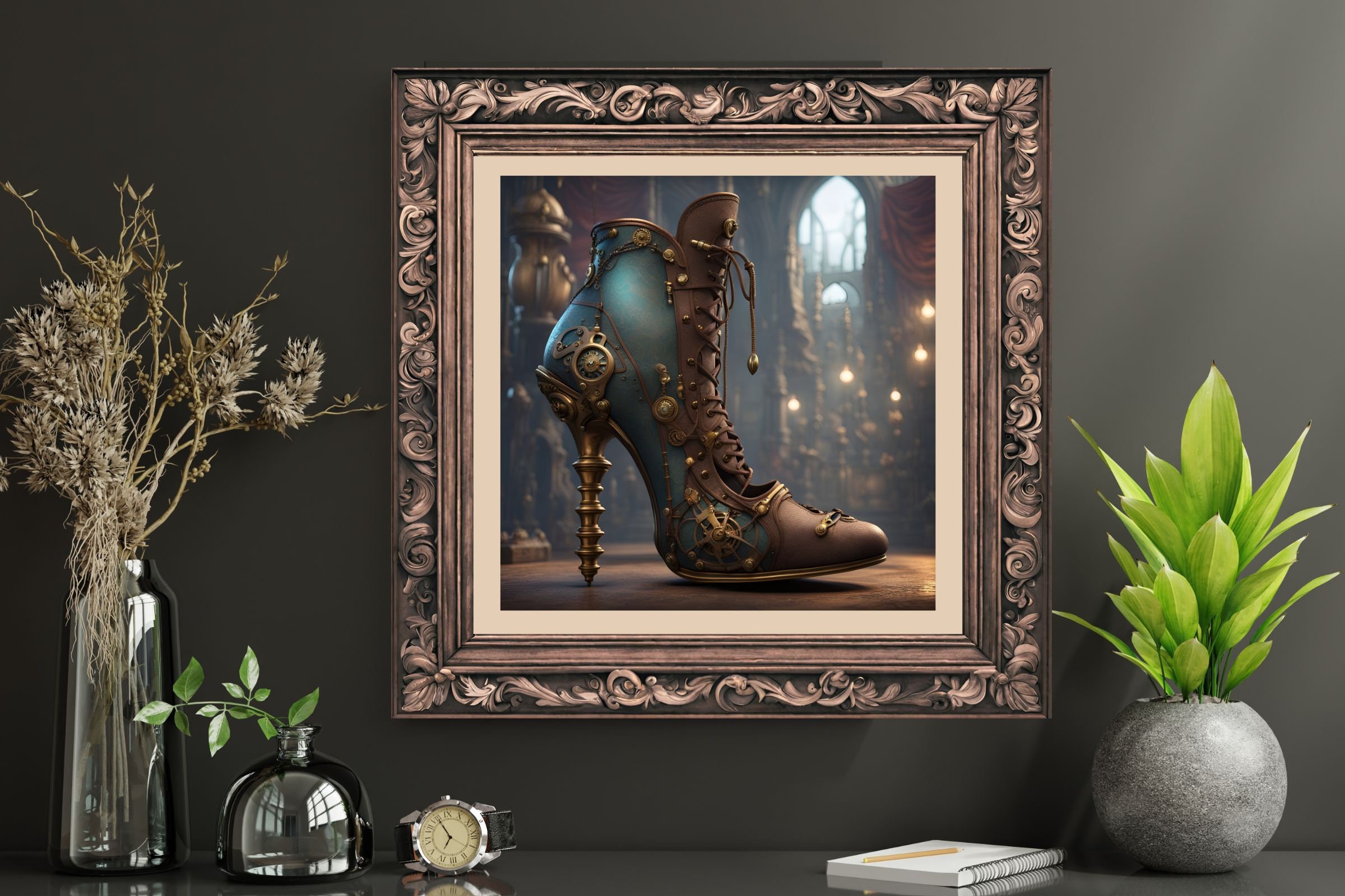 Art Print on Paper, Blue Steampunk Ankle Boot, Stiletto High Heel - Etsy