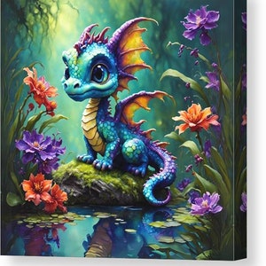 Art Print on Canvas, Cute Baby Blue Dragon, Fantasy Dragon for Kids ...