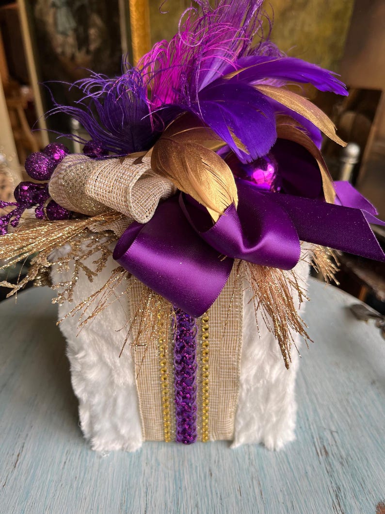 Feathered Floral Christmas Centerpiece: Faux Fur Gift Box - Etsy