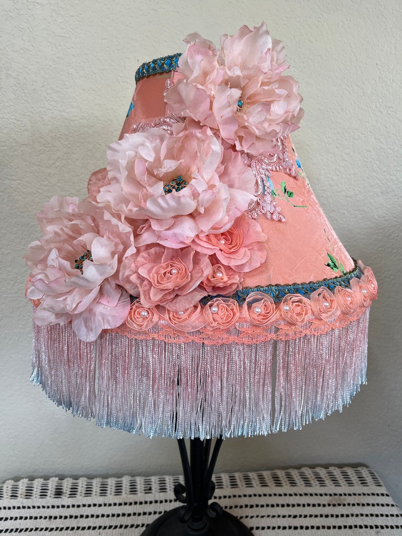 Table Lampshade Bell Shape Coral Fabric Blue Flowers - Etsy