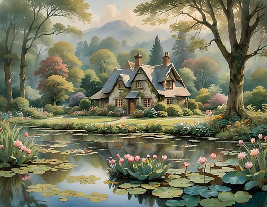 Print on Canvas, English Cottage, Pond With Waterlilies - Etsy