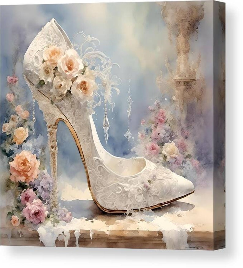 Art Print on Canvas, White Fantasy Stiletto. Watercolor of a Gorgeous ...