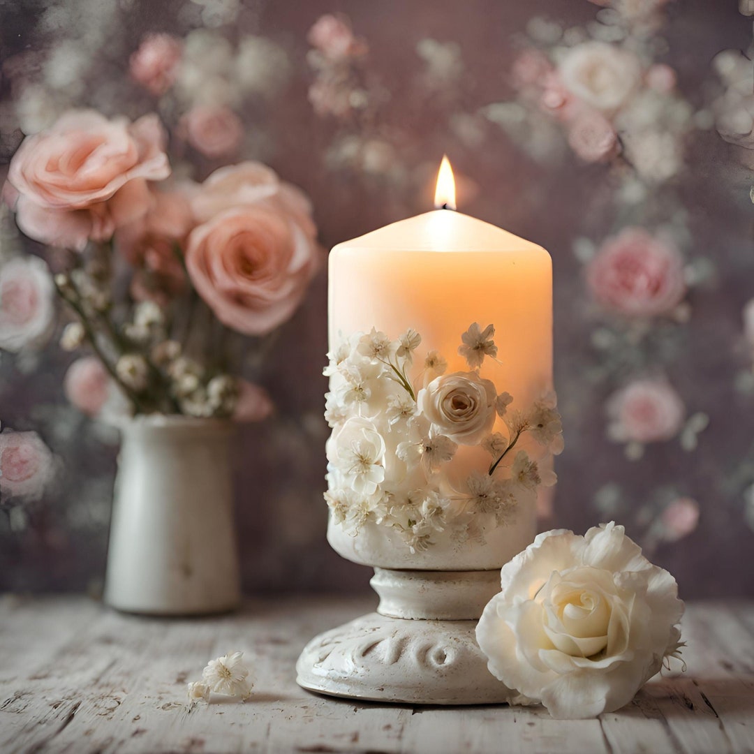 Art Print on Paper, White Rose Filigree Candle Holder, Candle Still ...