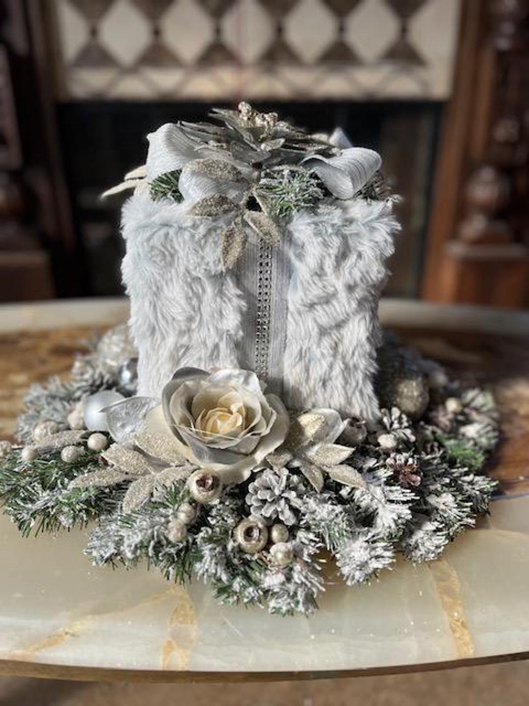 Christmas Centerpiece, frosted Floral Fantasy Faux Fur Present ...