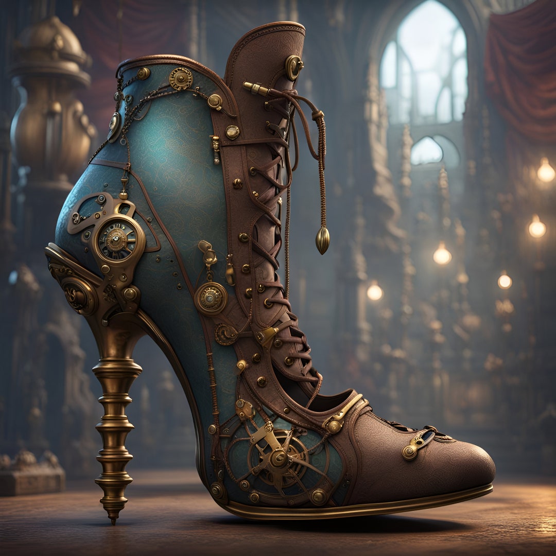 Art Print on Paper, Blue Steampunk Ankle Boot, Stiletto High Heel - Etsy