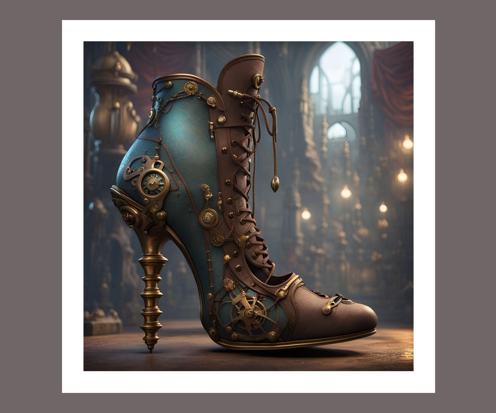 Art Print on Paper, Blue Steampunk Ankle Boot, Stiletto High Heel - Etsy