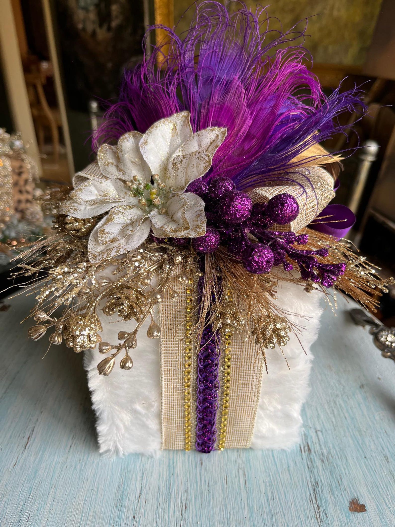 Feathered Floral Christmas Centerpiece: Faux Fur Gift Box - Etsy