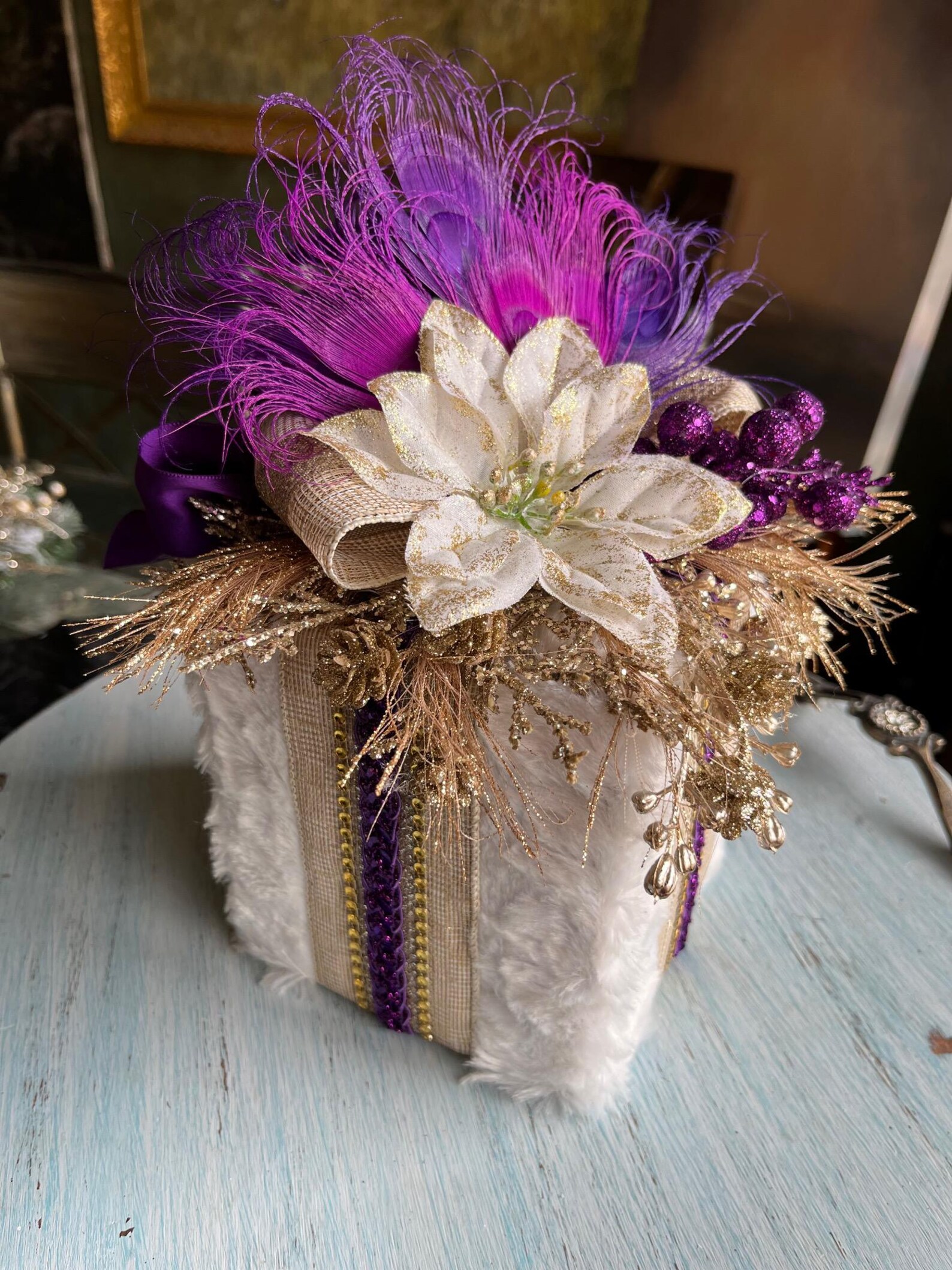 Feathered Floral Christmas Centerpiece: Faux Fur Gift Box - Etsy