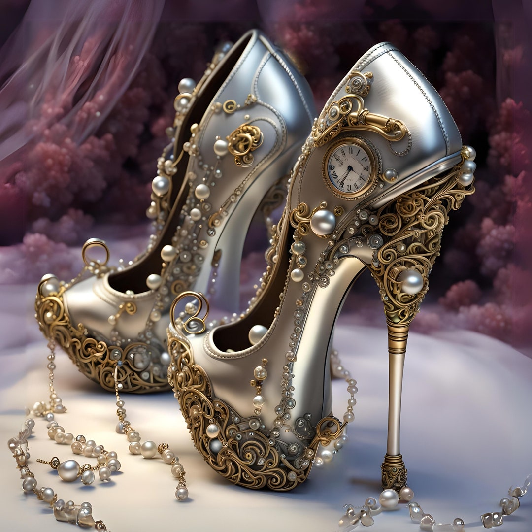 Art Print on Canvas, Pair of Elegant Steampunk Stilettos, Silver High ...