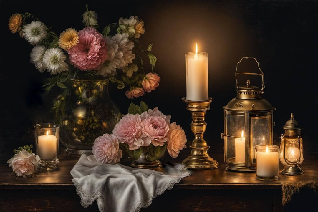 Art Print on Canvas, Candle Light Still Life, Candles With Old ...