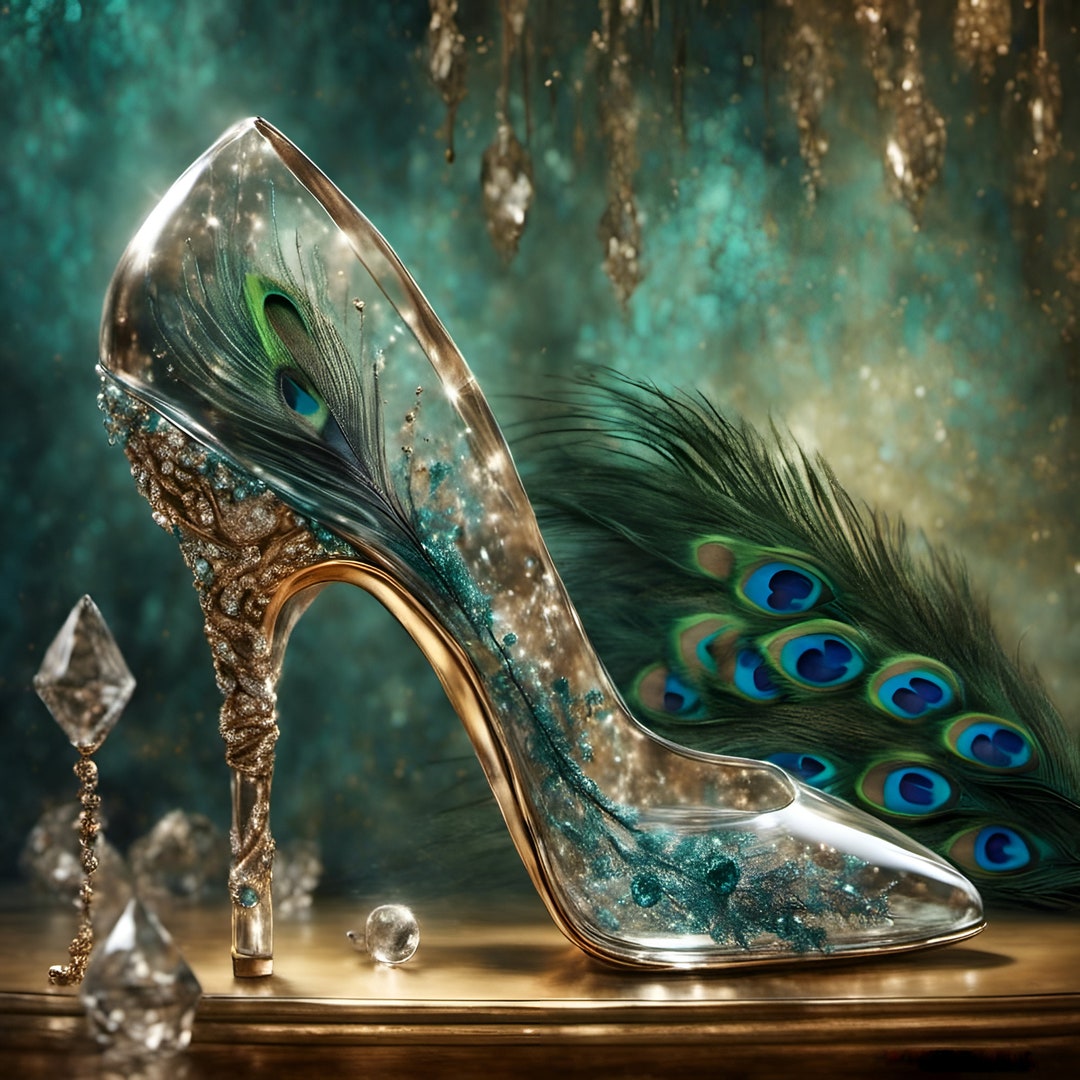 Crystal Glass High Heel Canvas Print: Peacock Feather Shoe Art - Etsy