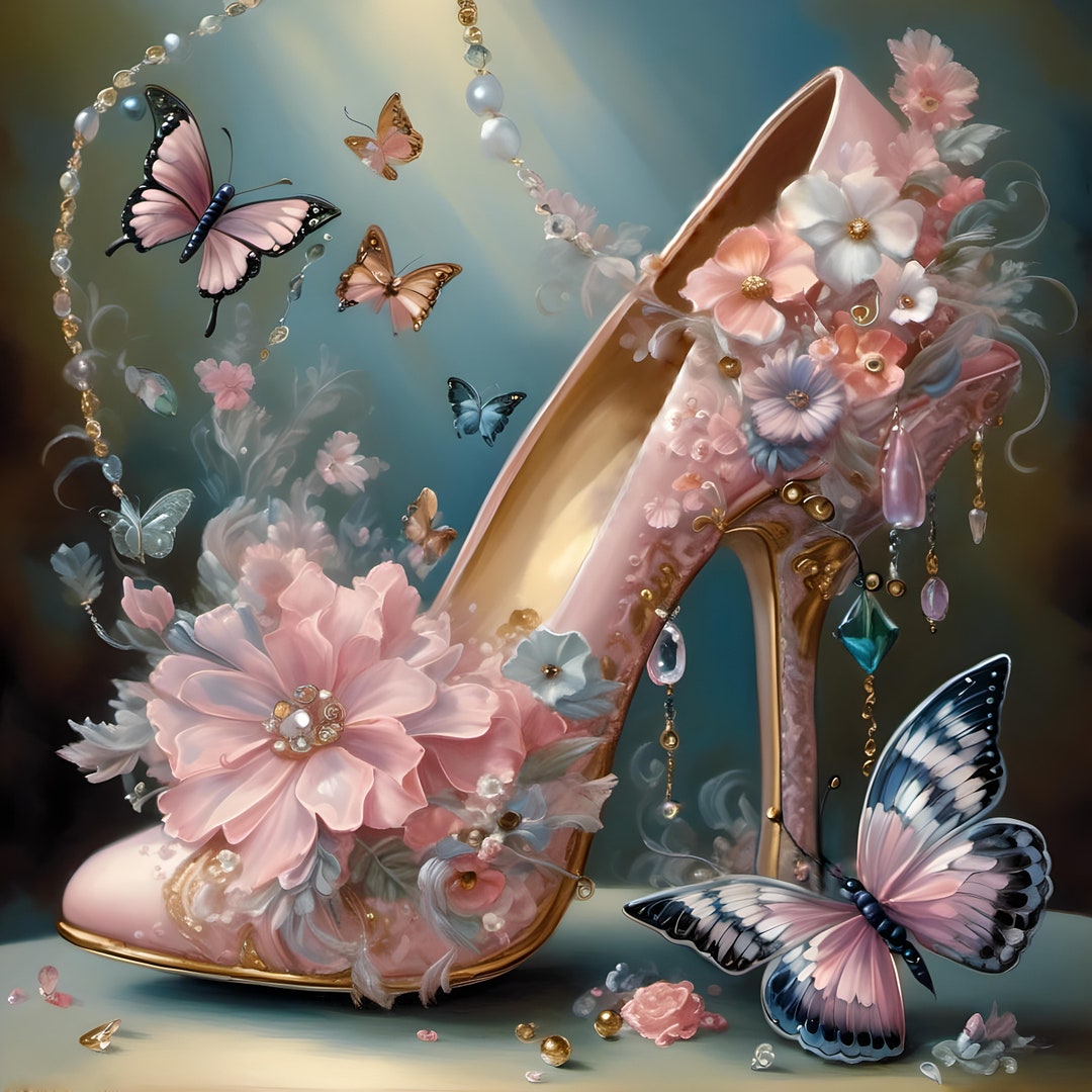 Art Print on Paper, Pink High Heel Embellished With Butterflies and ...