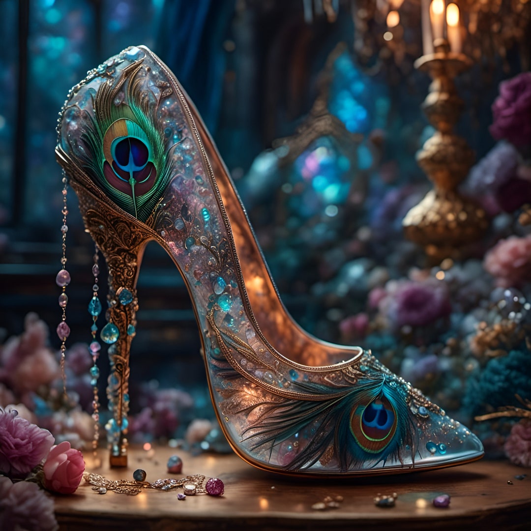 Art Print on Canvas, Glass Peacock High Heel, Glass Cinderella Slipper ...