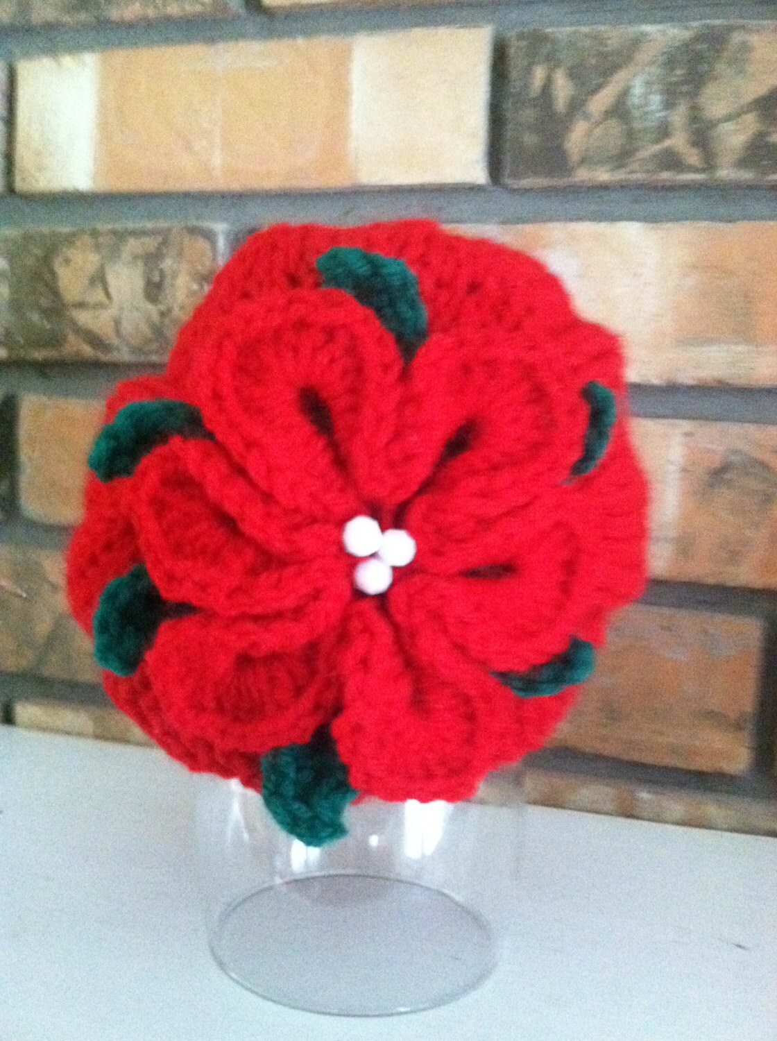 Christmas Hat With Horizontal Cable and Large Poinsettia Flower Perfect ...