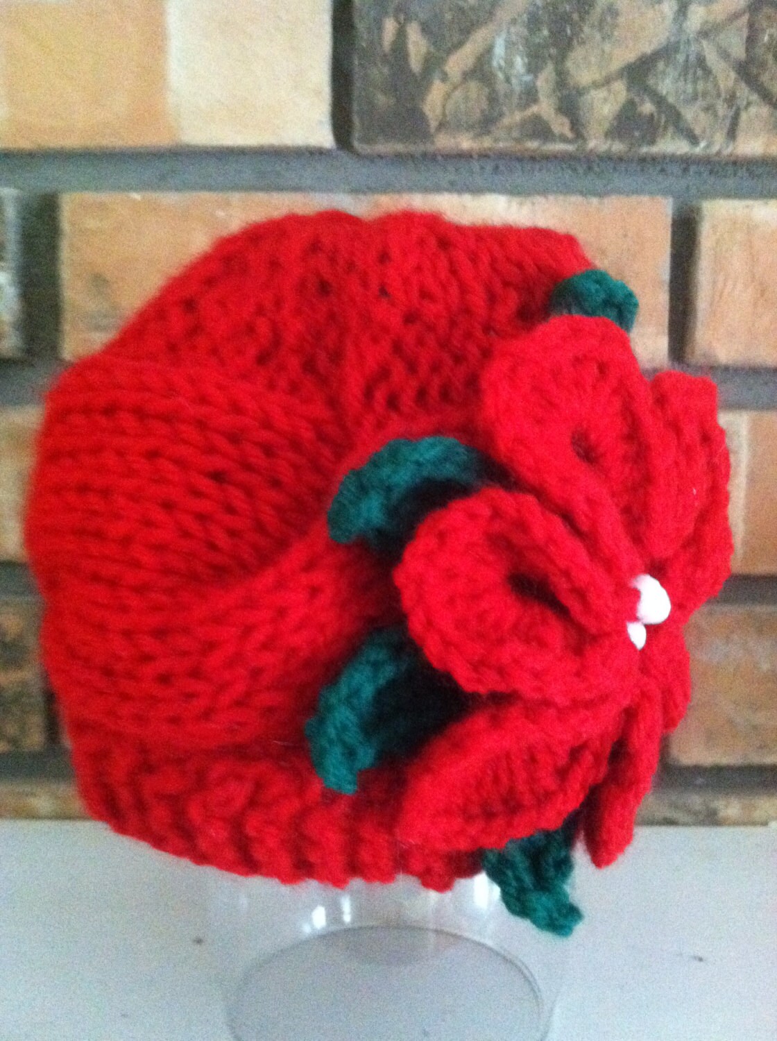 Christmas Hat With Horizontal Cable and Large Poinsettia Flower Perfect ...