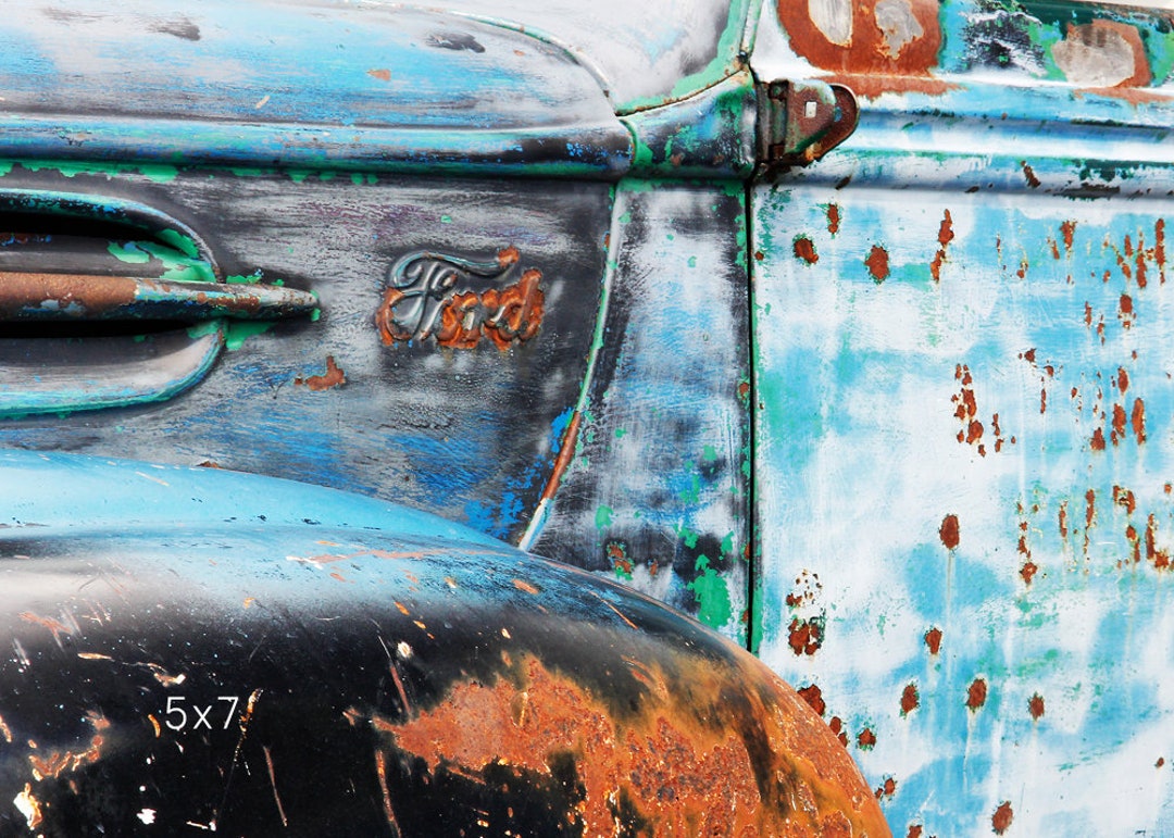 Blue Rusty Car Picture, Retro Art, Colorful Photo Print, Old Vintage ...