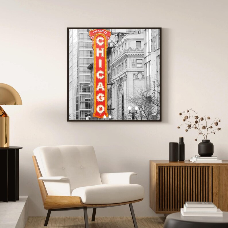 VERTICAL Chicago Theater Print, Chicago Photo With Pop of Red Color ...