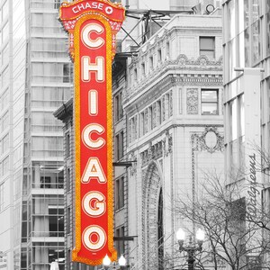 VERTICAL Chicago Theater Print, Chicago Photo With Pop of Red Color ...