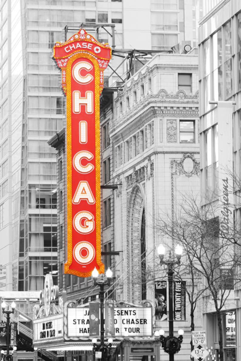 VERTICAL Chicago Theater Print, Chicago Photo With Pop of Red Color ...