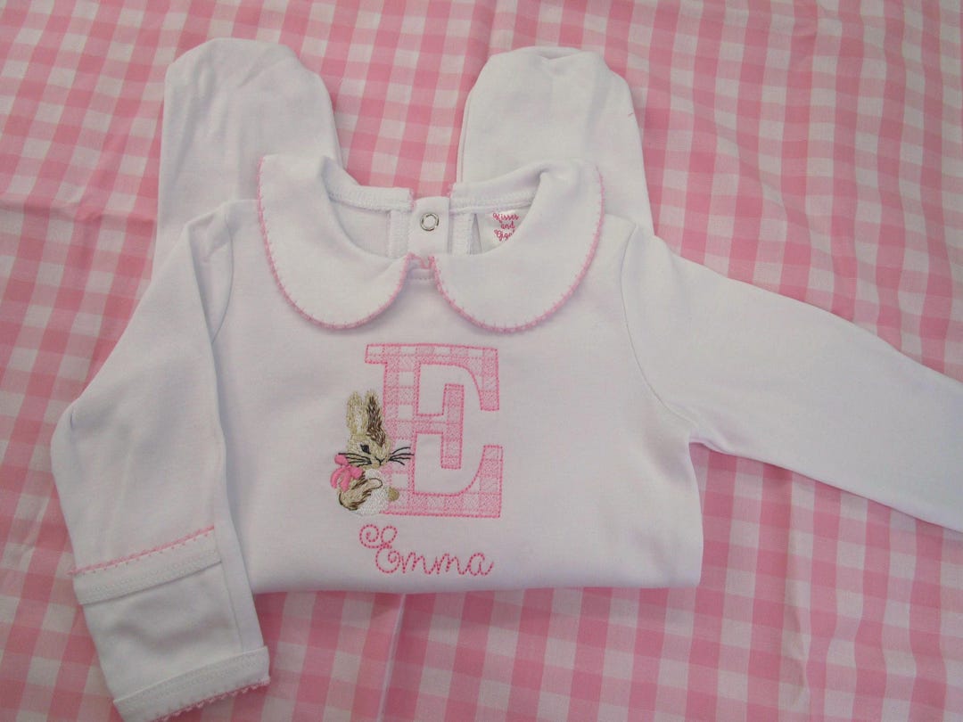 Personalized Baby Girl Easter Footie: Cotton Knit Romper, Bunny Design ...
