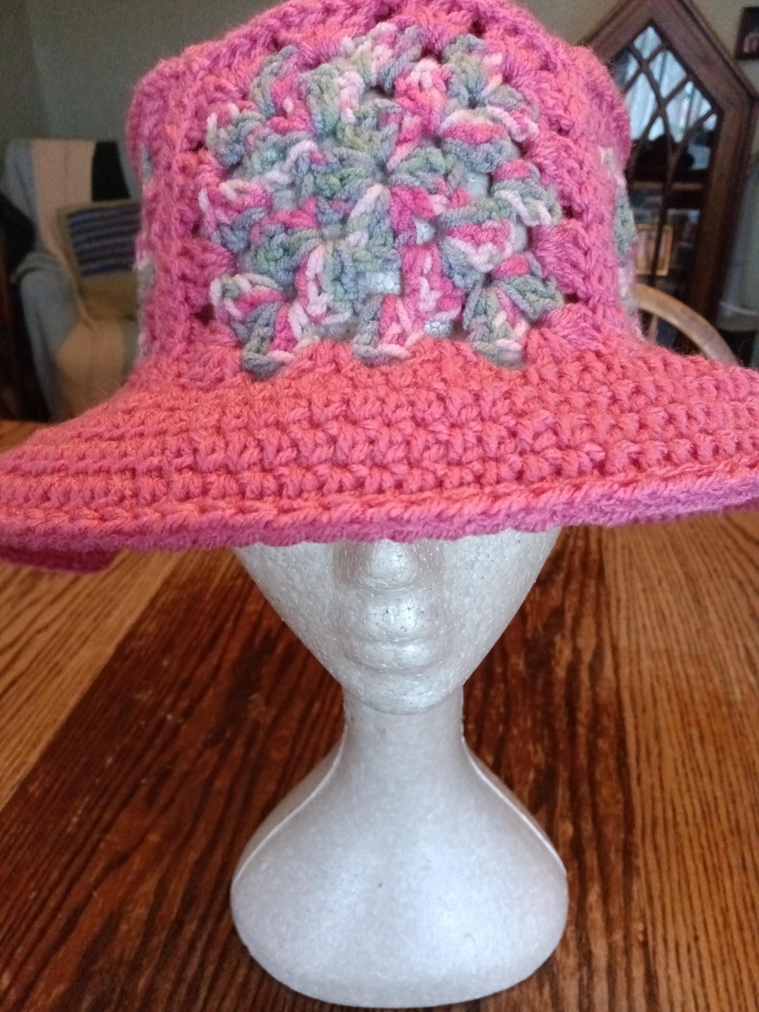 Granny Square Crocheted Bucket Hat Rosey Pink Sage Average-large Adult ...