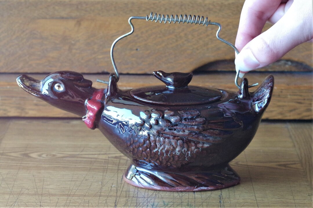 Vintage Duck With Baby Sugar Caddy, Brown Glazed Redware Goose Sugar ...